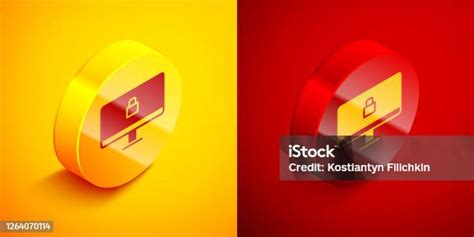 주황색과 빨간색 배경에서 격리된 컴퓨터 모니터 화면 아이콘의 등색 잠금입니다 보안 안전 보호 개념 안전한 인터넷 작업 서클 버튼입니다 벡터 일러스트레이션 3차원 형태에 대한