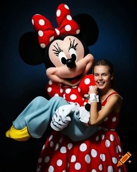 Giant Minnie Mouse Doll Cradling Young Man At A Party On Craiyon