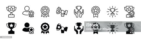 도전 과제 아이콘 얇은 선 아이콘 세트를 수여합니다 승리 트로피 보상 메달 우승자 상품 아이콘입니다 벡터 일러스트 레이 션 1위에 대한 스톡 벡터 아트 및 기타 이미지