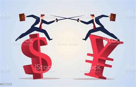 대결과 경쟁 경쟁자를 쓰러뜨리는 개념 달러 기호와 중국 통화 기호에 각각 서있는 칼로 싸우는 사업가 0명에 대한 스톡 벡터 아트