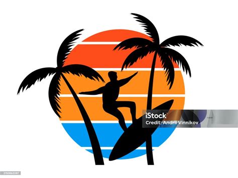 80년대 스타일의 석양 복고풍 태양에 서퍼 흰색 배경에 고립된 야자수와 태양의 실루엣이 있는 보드에 서퍼 인쇄물 배너 및 포스터를 위한 디자인 벡터 일러스트 레이 션 T
