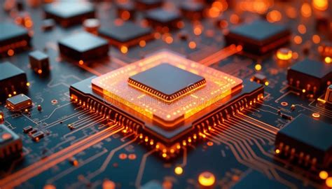 Futuristic Tech Cpu With Glowing Orange Yellow Elements High Tech Circuit Board With Glowing