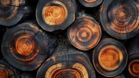 Stack Of Dark Brown Wooden Logs Showing Growth Rings Close Up Texture Background Stock