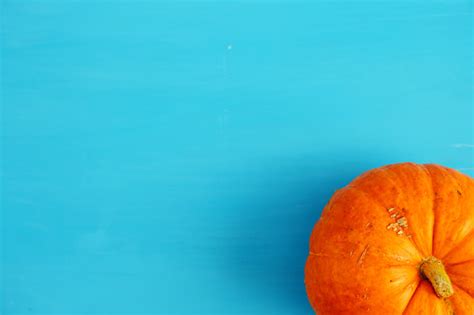 파란색 나무 배경 추수 감사절과 할로윈 개념에 오렌지 호박 위에서 볼 수 있습니다 맨 위 보기 텍스트 및 디자인을 위한 공간 복사 바로 위에 대한 스톡 사진 및 기타 이미지