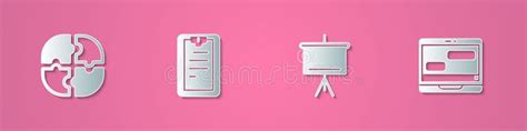 Set Paper Cut Piece Of Puzzle Clipboard With Checklist Chalkboard And Chat Messages On Laptop