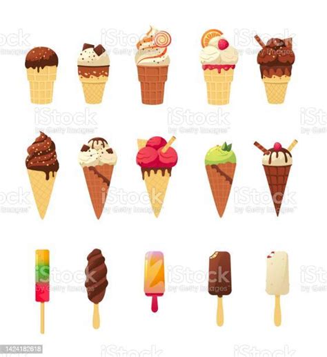 만화 아이스크림 토핑과 과일을 곁들인 스틱에 단점이있는 다양한 모양의 귀여운 다채로운 여름 달콤한 차가운 디저트 벡터 격리 차가운 패스트 푸드 세트 와플 콘의 초콜릿과