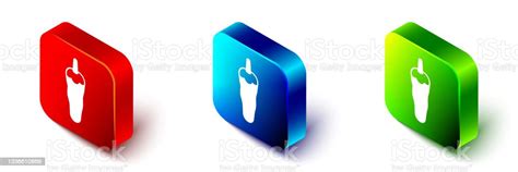 흰색 배경에 격리 된 Isometric 핫 칠리 페퍼 포드 아이콘 식료품 요리 제품 조미료 및 향신료 패키지 요리 책 디자인 빨간색 파란색 및 녹색 사각형 버튼 벡터 3차원