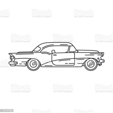 라인 벡터 아이콘 미국 자동 Oldtimer 고전적인 1950 년대 스타일 향수 골동품 자동차 여름 여행 휴가 빈티지 만화 스포츠 자동차입니다 고속도로 차고 수집 차