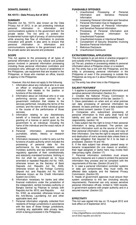 295097366 Ra 10173 Data Privacy Act Of 2012 Donato Dianne C Ra 10173 Data Privacy Act Of