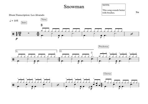 Snowman By Sia Sheet Music For Drums Arr Drum Transcription Leo