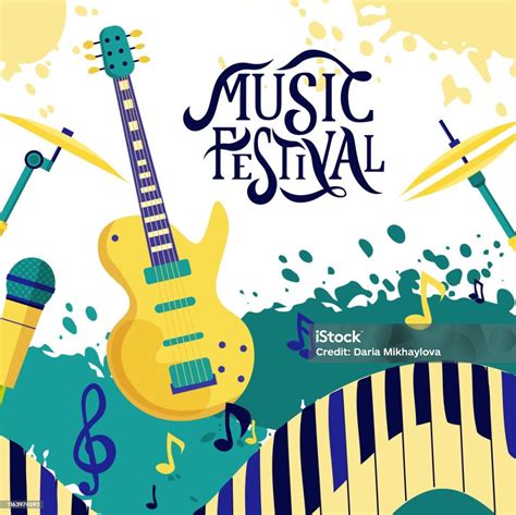 음악 축제에 대한 벡터 배너입니다 손 글자 콘서트 초대장 인사말 카드 파티 레이아웃 템플릿 성능 광고 브로셔 기타 마이크 피아노