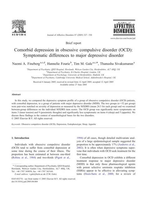Pdf Comorbid Depression In Obsessive Compulsive Disorder Ocd Symptomatic Differences To
