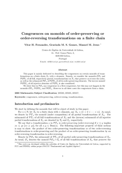 Pdf Congruences On Monoids Of Order Preserving Or Order Reversing Transformations On A Finite