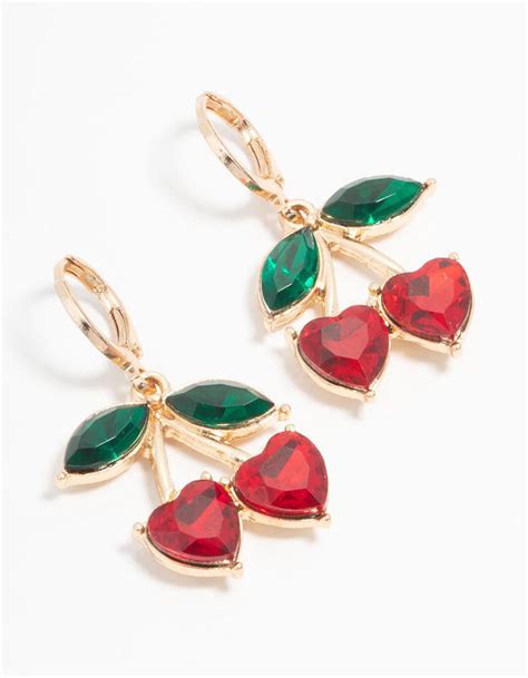 Gold Diamante Cherry Drop Earrings Lovisa