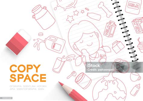 우유 낙서 아이와 노트북 소녀 미래의 상상 손 그리기 패턴 편집 가능한 스트로크 세계 우유의 날 2022 개념 만화 최소 평면 디자인 일러스트 레이 션 탑 뷰 배경 복사