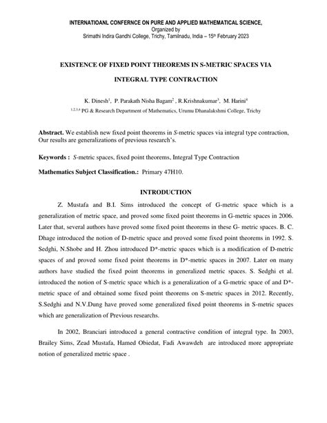 Pdf Existence Of Fixed Point Theorems In S Metric Spaces Via Integral