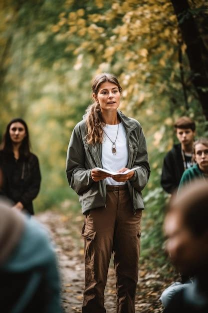 Premium AI Image Shot Of A Woman Giving A Speech To Her Students In Nature Created With