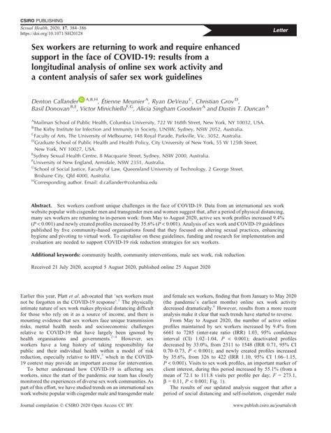 PDF Sex Workers Are Returning To Work And Require Enhanced Support In The Face Of COVID 19