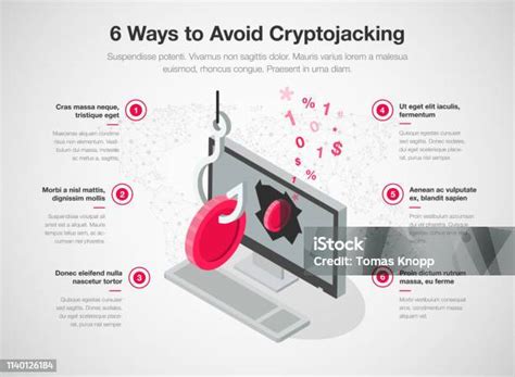 데스크탑 컴퓨터와 암호 화폐로 크립 토 킹을 피하는 방법에 대 한 인포 그래픽 크립토재킹 멀웨어에 대한 스톡 벡터 아트 및 기타 이미지 크립토재킹 멀웨어 인포그래픽