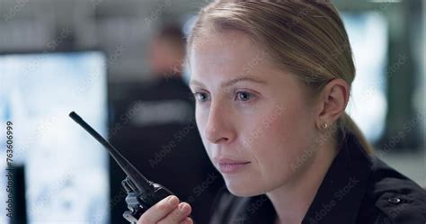 Woman Walkie Talkie Or Speaking With Cctv Monitor For Protection Security Service And Building