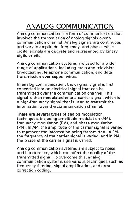Analog Communication Analog Communication Analog Communication Is A Form Of Communication That