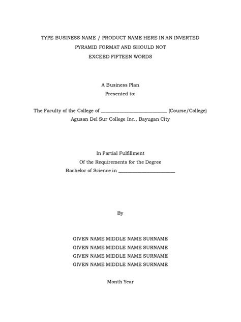 Business Plan Format Pdf Entrepreneurship Startup Company