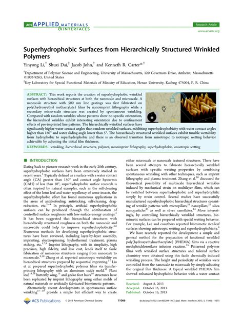 Pdf Superhydrophobic Surfaces From Hierarchically Structured Wrinkled Polymers