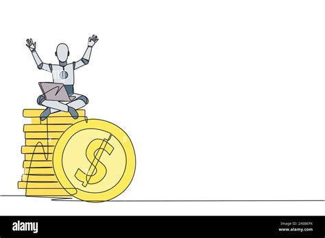Single Continuous Line Drawing Robotic Artificial Intelligence Sitting On Stack Of Giant Coins