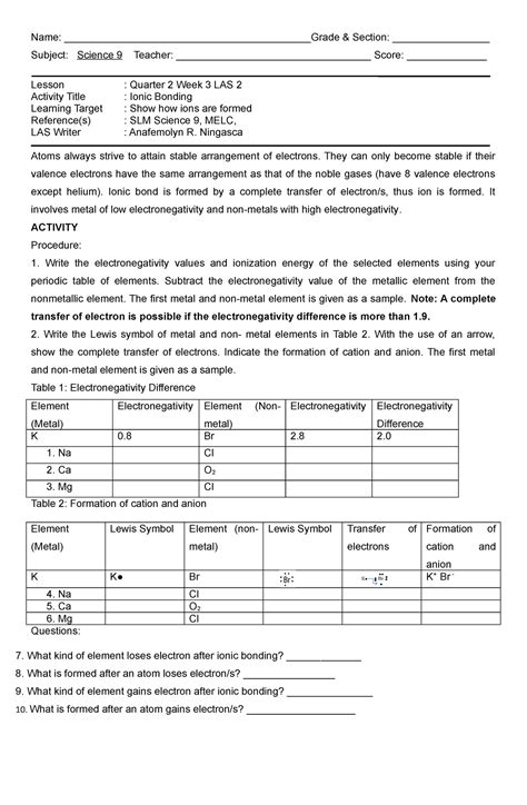 Science 9 Q2 Week3 Las2 Name Grade And Section