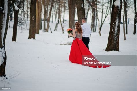 사랑에 겨울 동화 숲에 놀라운 몇입니다 아름 다운 빨간 드레스에서 소녀입니다 발렌타인 테마입니다 2명에 대한 스톡 사진 및 기타 이미지 Istock