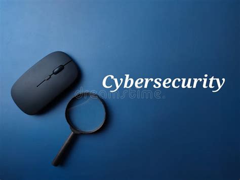 Black Mouse And Magnifying Glass With Word Cybersecurity On A Blue