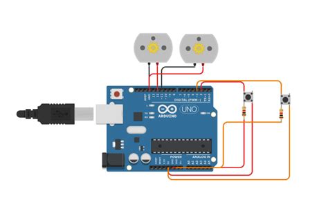 Circuit Design 2 Botões E 2 Motores Tinkercad