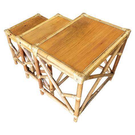 Set Of 3 Rattan Nesting Side Tables With Mahogany Top And Fancy
