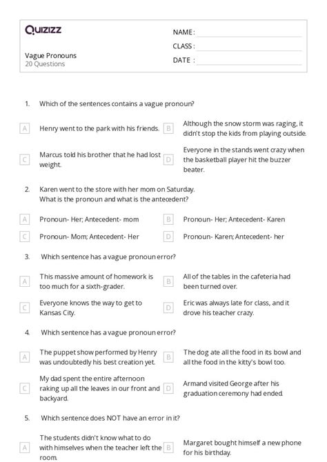 50 Vague Pronouns Worksheets For 7th Grade On Quizizz Free And Printable