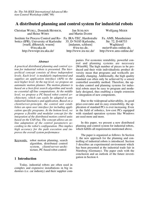 Pdf A Distributed Planning And Control System For Industrial Robots