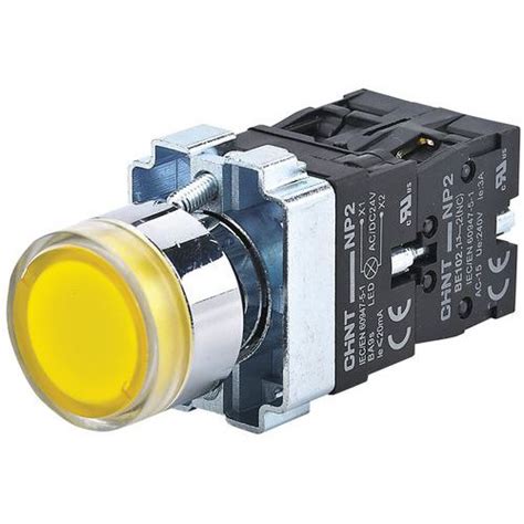 Bouton poussoir lumineux led métallique jaune NO NF Vca Manutan fr