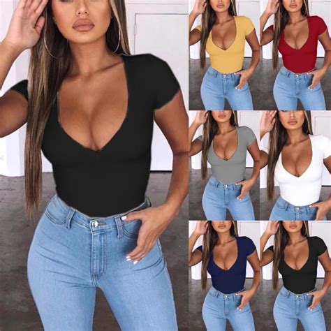 Buy Summer Sexy V Neck Low Cut Shirts Women Fashion Casual Short Sleeve