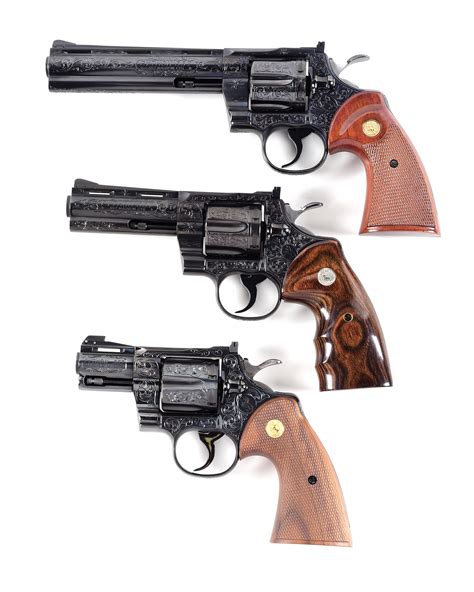 Lot Detail M A Trio Of Colt Python Revolvers Engraved By Mike Sawmiller In 2 4 And 6