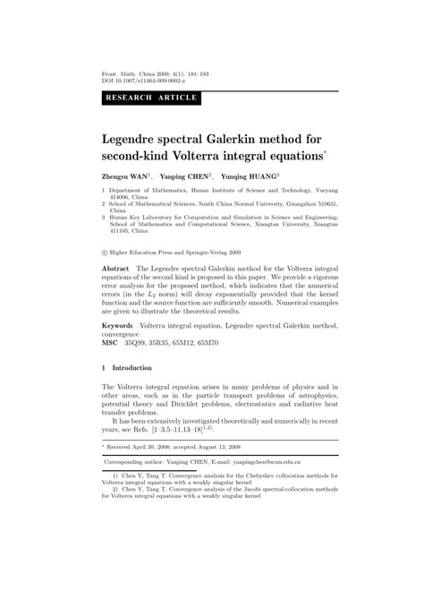 Pdf Legendre Spectral Galerkin Method For Second Kind Volterra Integral Equations