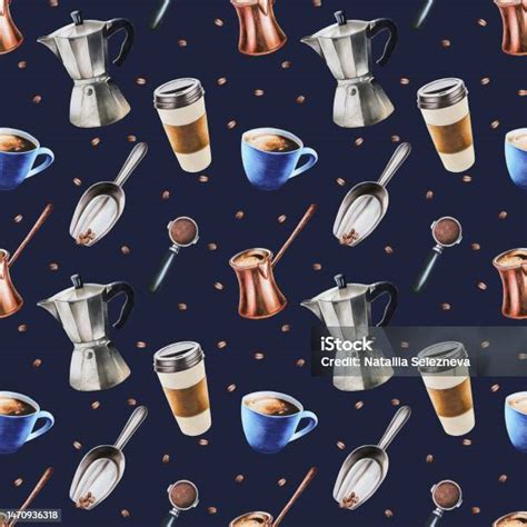 커피 만들기 도구가 있는 수채화 매끄러운 패턴 라떼 에스프레소 아메리카노 고립된 배경에 손 그림 디자이너 메뉴 상점 바 비스트로 레스토랑 엽서 포장지 커버용 포스터 및