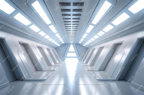 추상적인 3d 렌더링 백색 삼각형 우주선 복도 빛과 함께 미래의 터널 Scifi 과학 개념 프리미엄 사진