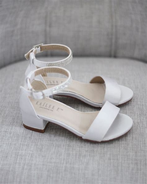 White Satin Girls Block Heel Sandals With Mini Rhinestones Embellished