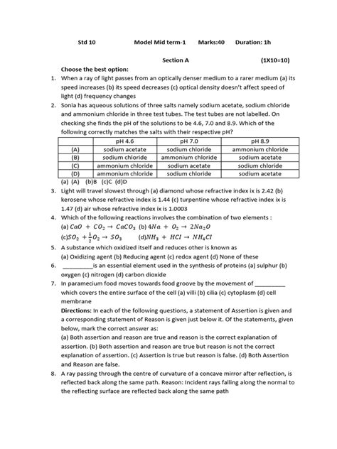 10th Model Mid Term 1 24 25 Code 1 Pdf Refractive Index Ecosystem