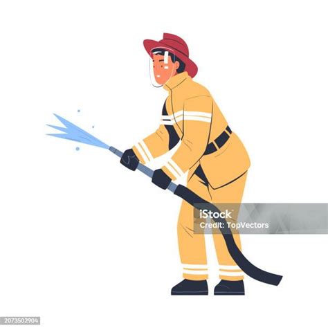 전문 소방관이 호스로 급수합니다 제복을 입고 구조 장비를 쓴 모자를 쓴 소방관 캐릭터 액션 만화에서 구조 응급 서비스 구조에