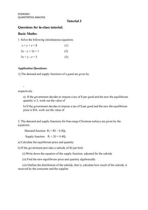 Tutorial Tut ECON QUANTITATIVE ANALYSIS Tutorial Questions For In Class Tutorial Basic