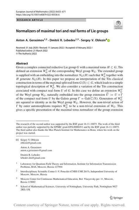 pdf normalizers of maximal tori and real forms of lie groups