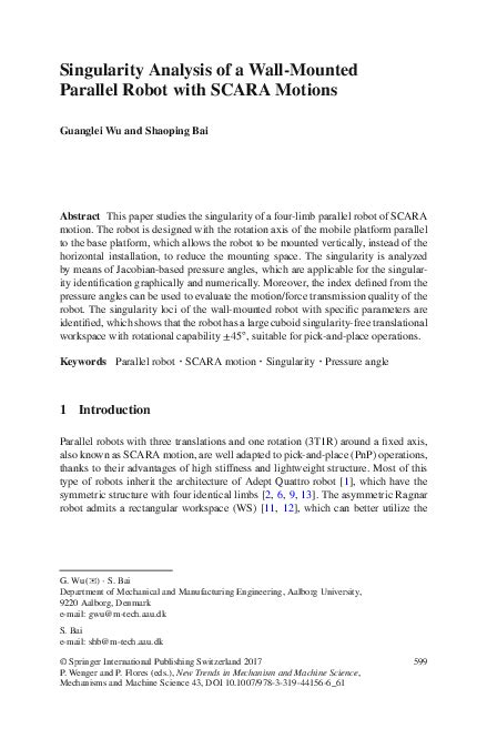 pdf singularity analysis of a wall mounted parallel robot with scara