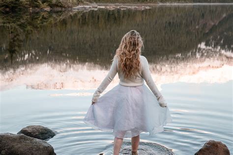Curly Blond Hair Girl Standing In The Pond Authentic Stock