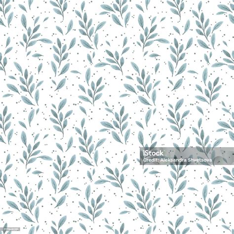 손으로 그린 수채화 푸른 잎과 점 완벽 한 패턴은 흰색 배경에 고립되어 있습니다 섬유 직물 스크랩북 및 기타 인쇄 제품에 사용할 수 있습니다 0명에 대한 스톡 벡터 아트 및