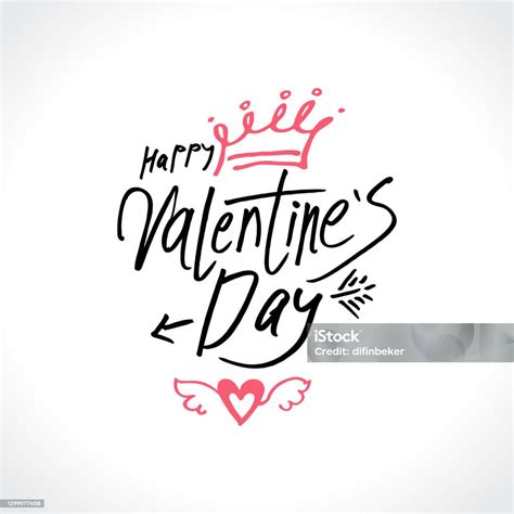 필기 펠트 펜 벡터 해피 발렌타인 데이 큐피드와 비문의 하트 크라운과 화살 공휴일에 대한 스톡 벡터 아트 및 기타 이미지